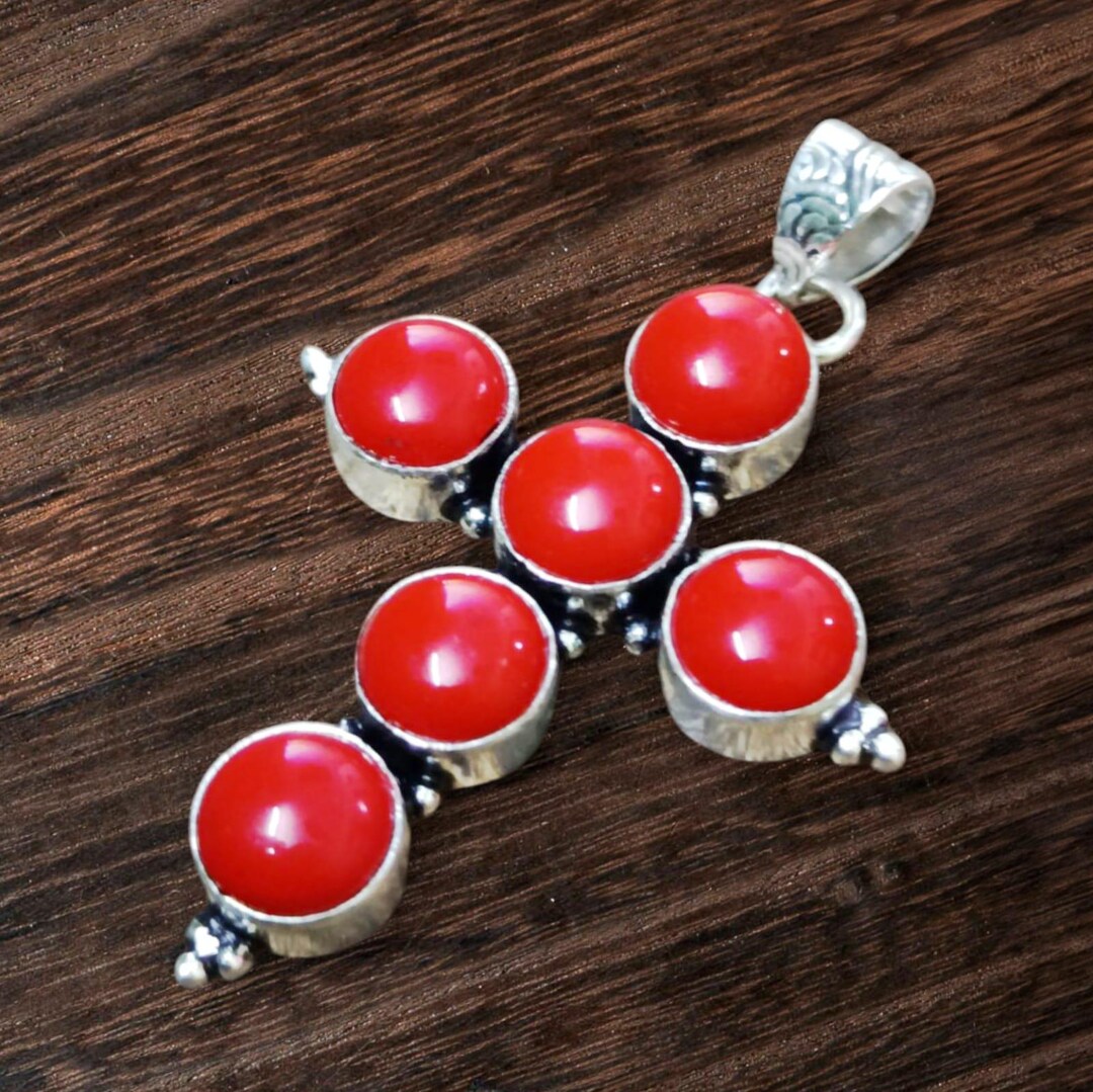 Coral Pendant,red Coral Cross Pendant,gemstone Pendant,925 Sterling ...