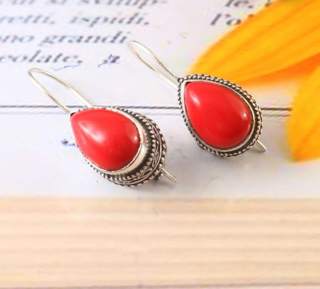 Coral Earring,handmade Earring,red Coral Earring,925 Sterling Silver ...