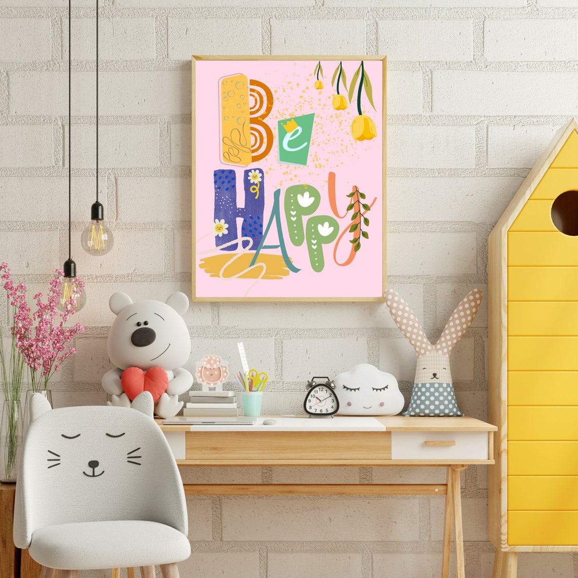 Be Happy Printable Poster for Girls Room Pink Watercolour - Etsy