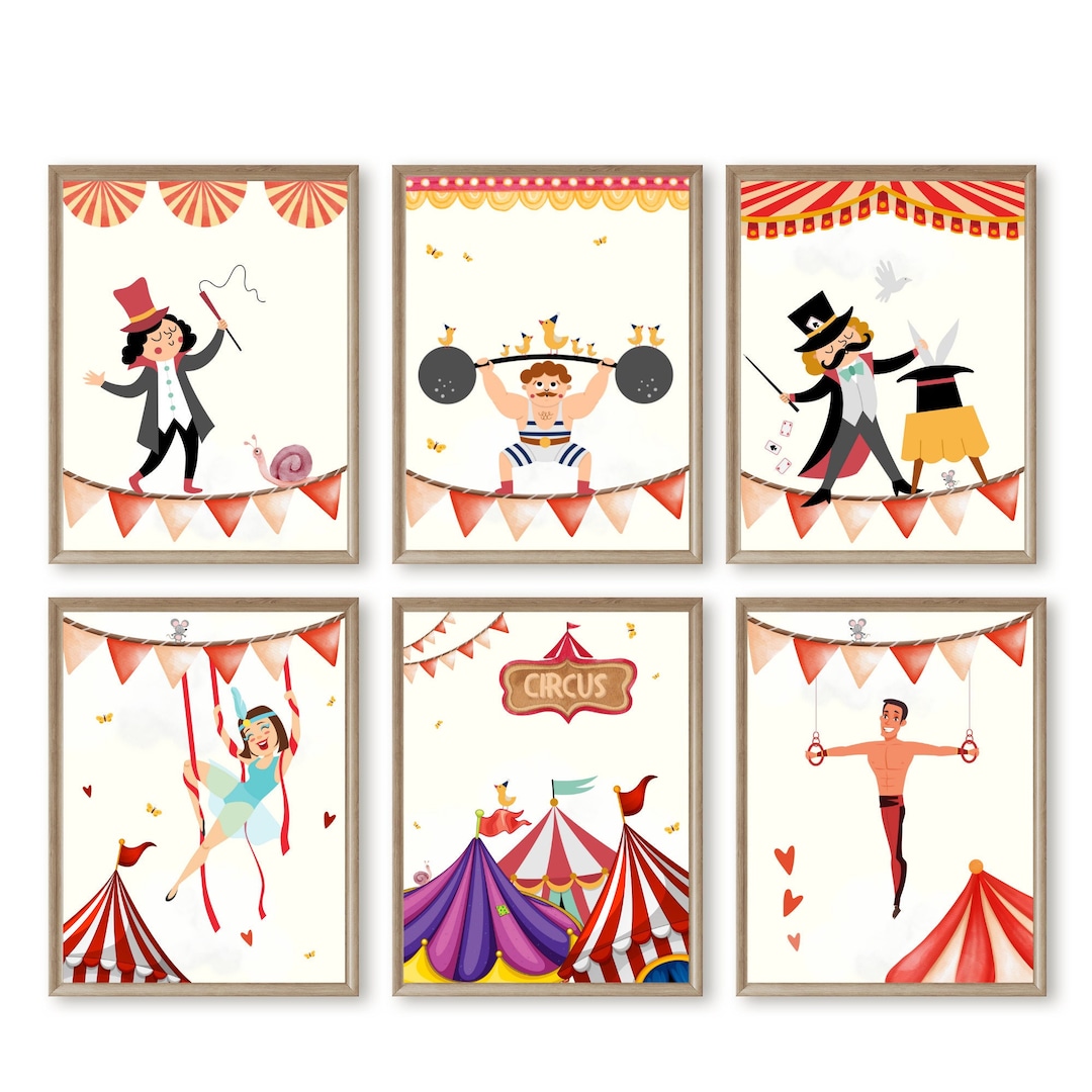Set of 6 Circus Nursery Acrobats, Strongman Art Prints for Kids Room ...
