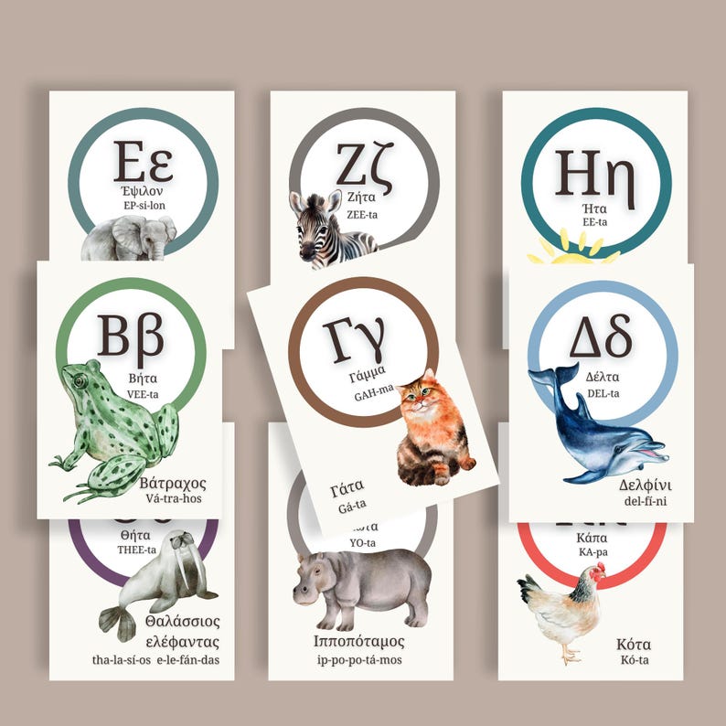 GREEK Alphabet Flash Cards, Kids Learning Greek, Greece Words, Animals ...