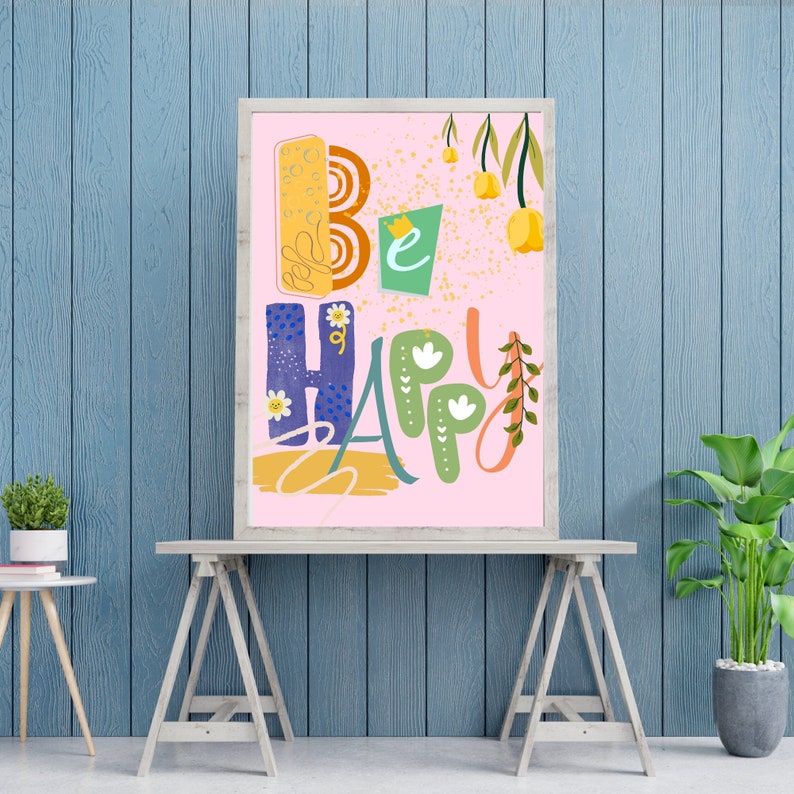 Be Happy Girls Print, Pink Watercolour Decoration, Motivation Quotes ...