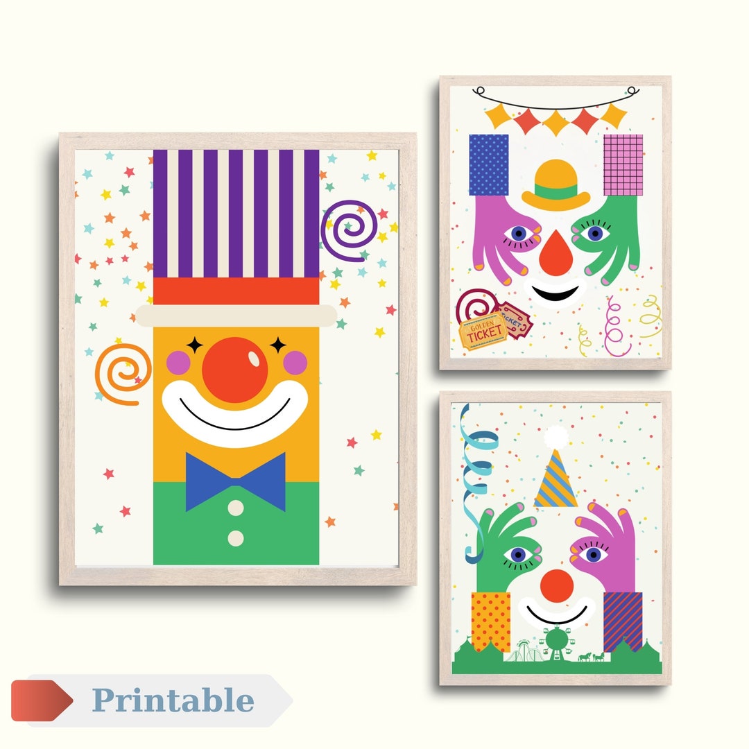 Set of 3 Colorful Shapes Clown Art for Wall Decor, Funny Carnival ...