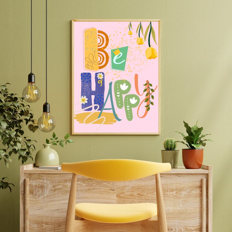 Be Happy Printable Poster for Girls Room Pink Watercolour - Etsy