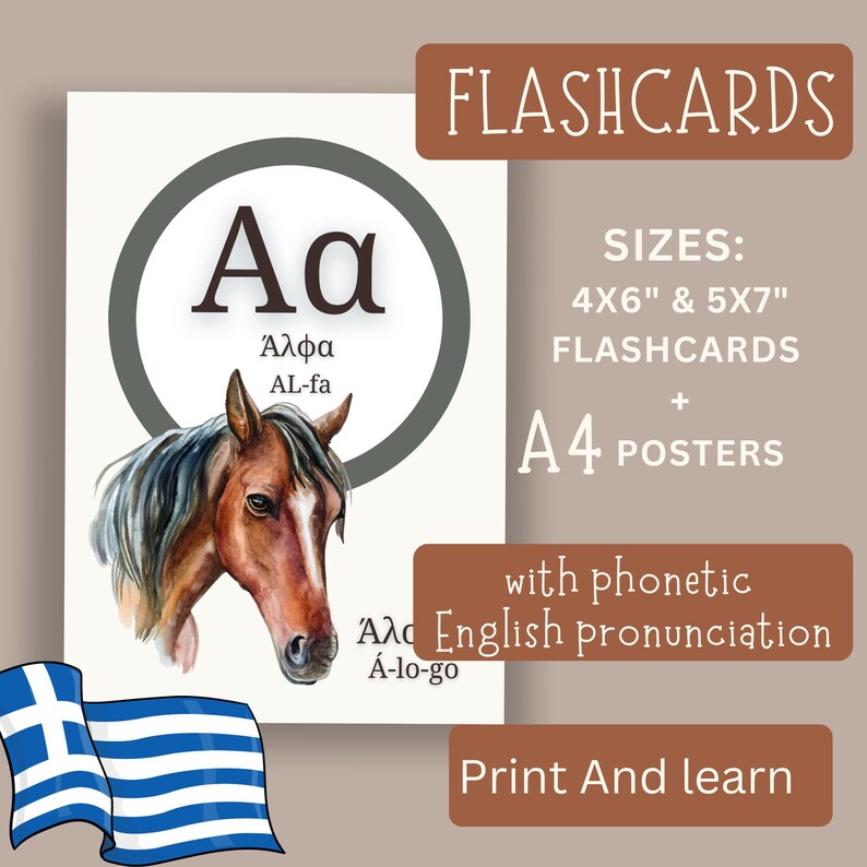 GREEK Alphabet Flash Cards, Kids Learning Greek, Greece Words, Animals ...