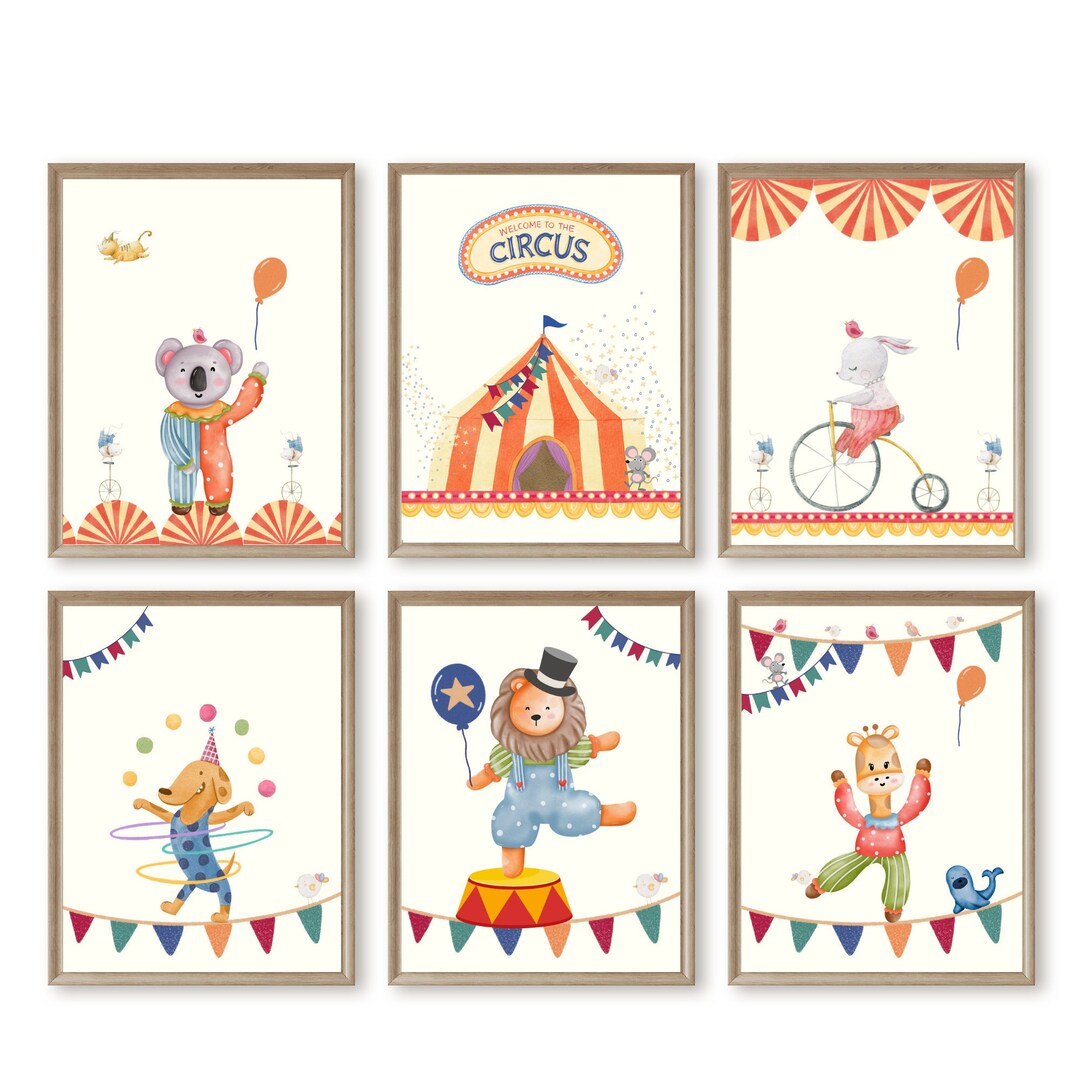 Set of 6 Circus Nursery Prints, Circus Animals Themed Prints, Circus Acrobats, Circus Kids ...