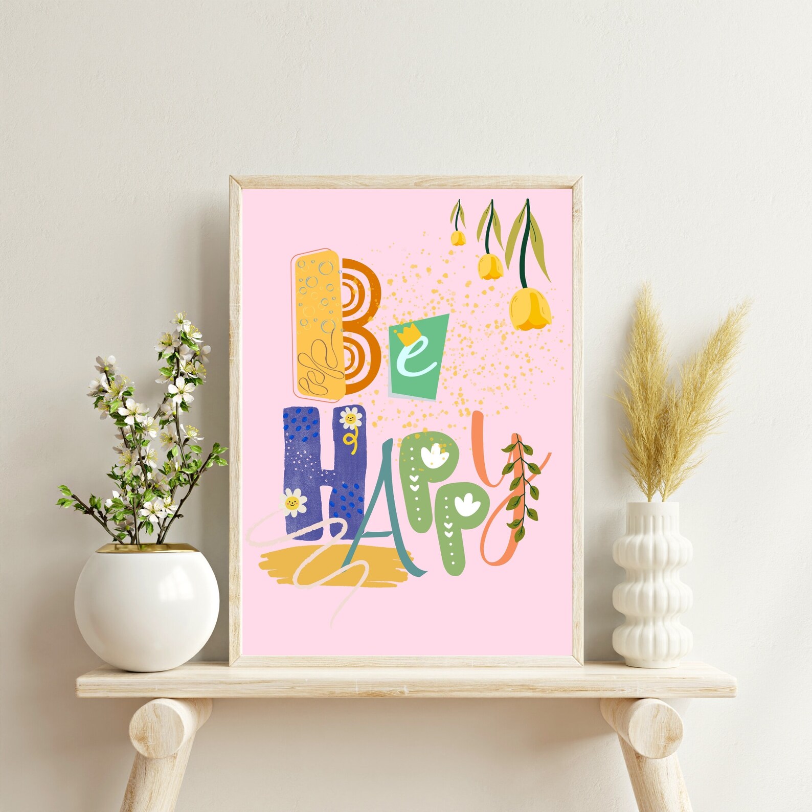 Be Happy Printable Poster for Girls Room Pink Watercolour - Etsy