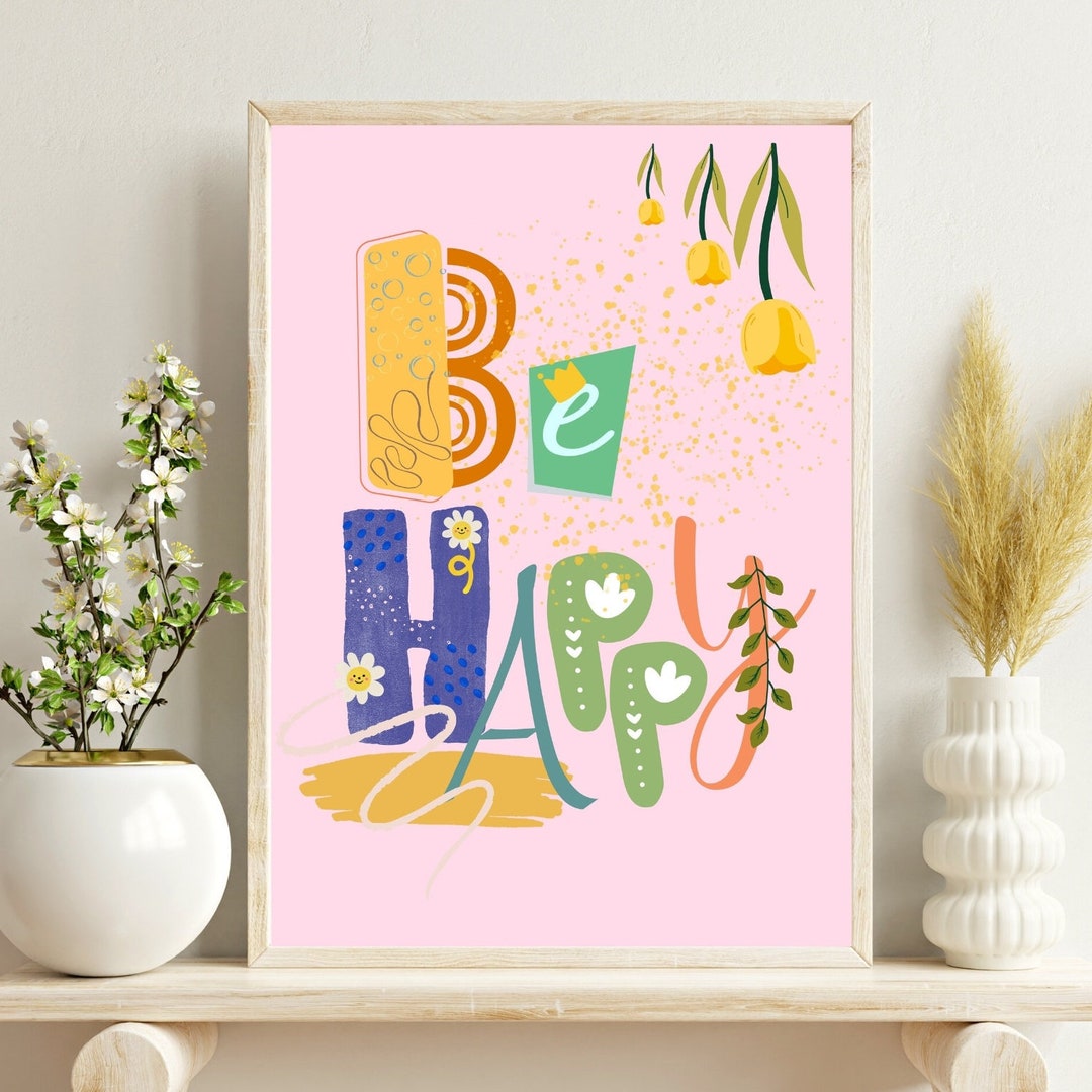 Be Happy Girls Print, Pink Watercolour Decoration, Motivation Quotes ...