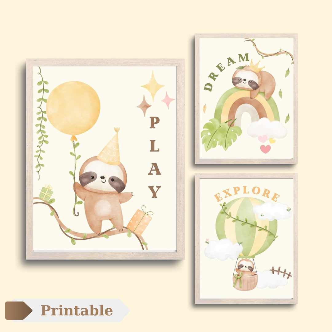 Watercolor Sloth Nursery Printable Decor, Set of 3 Baby Sloths Prints ...