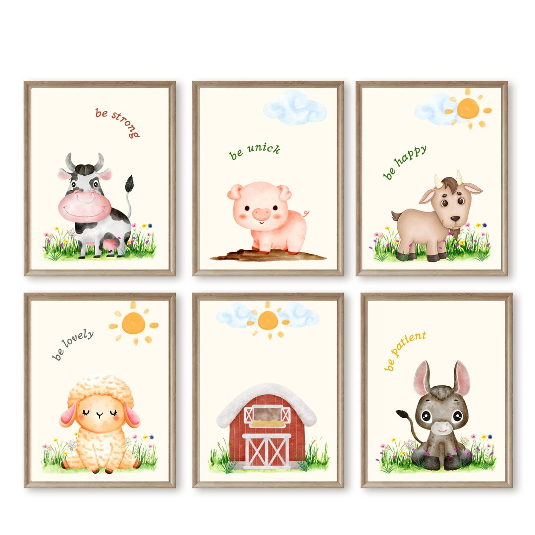 Set of 6 Farm Animals Prints, Nursery Decoration, Cute Baby Animals ...