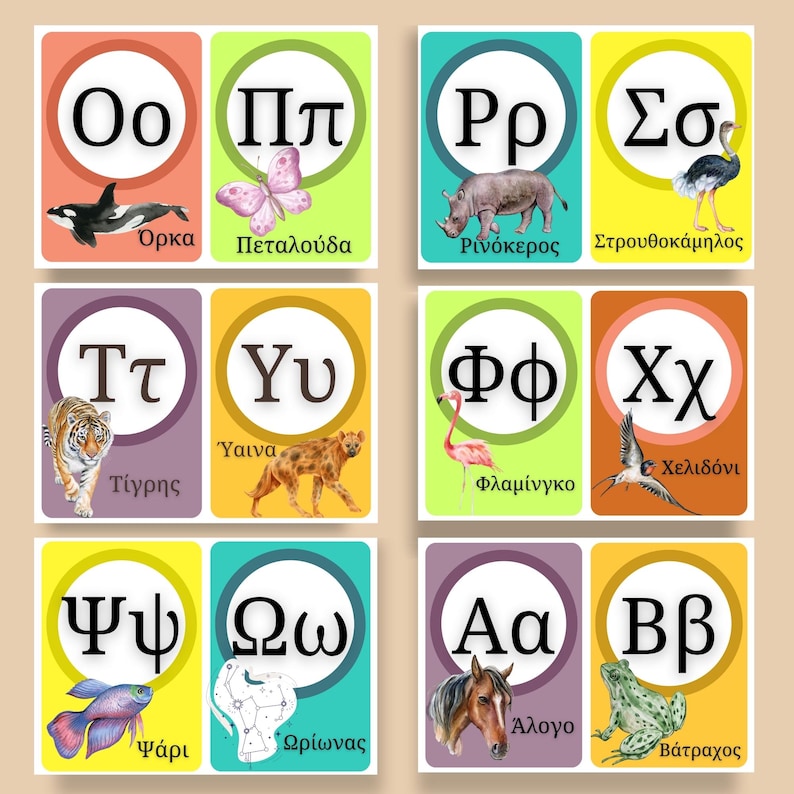 Greek Alphabet Animals Flashcards, Kids Learning Greek, A4 JPG, Greece ...