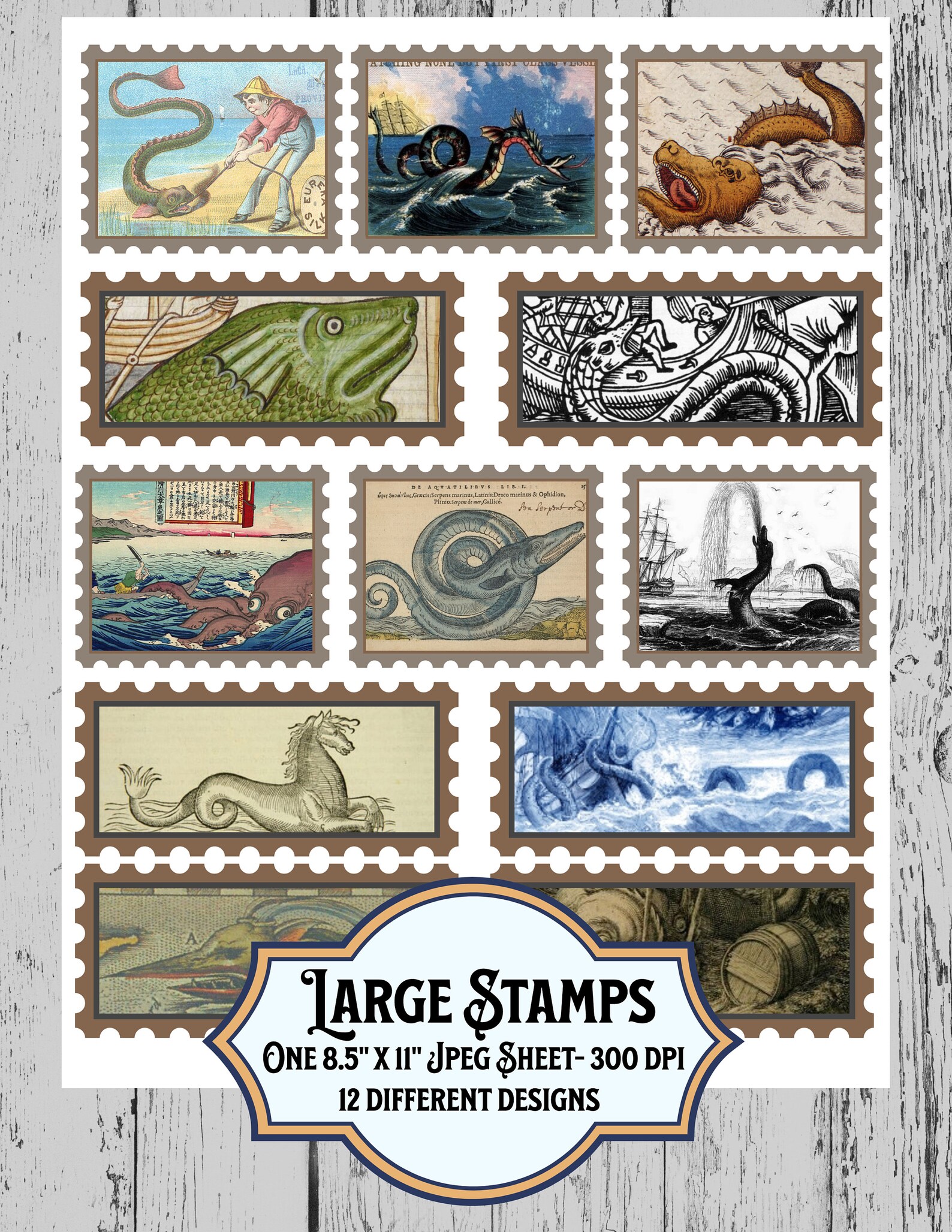 DIGITAL PRINTABLE Vintage Sea Monster Tags & Stamps | Cartography ...