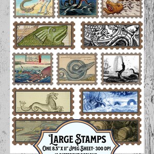DIGITAL PRINTABLE Vintage Sea Monster Tags & Stamps | Cartography ...