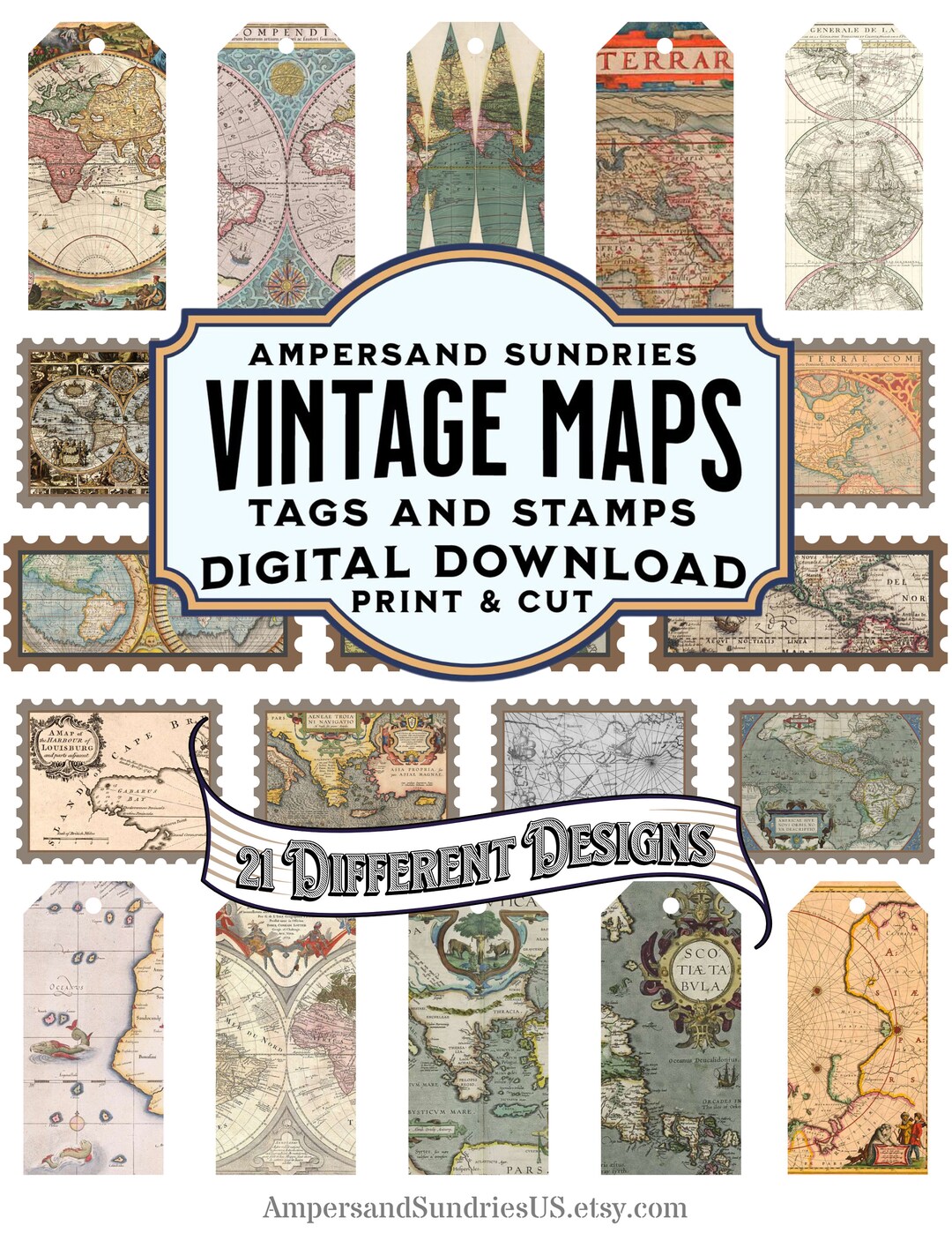 DIGITAL PRINTABLE Vintage Maps Tags & Stamps | Cartography Ephemera for ...