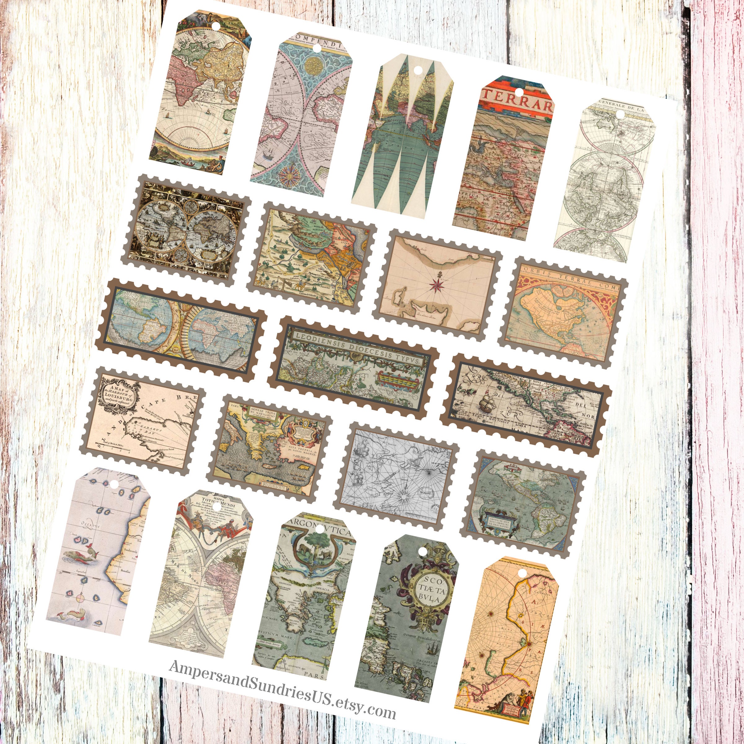 DIGITAL PRINTABLE Vintage Maps Tags & Stamps | Cartography Ephemera for ...