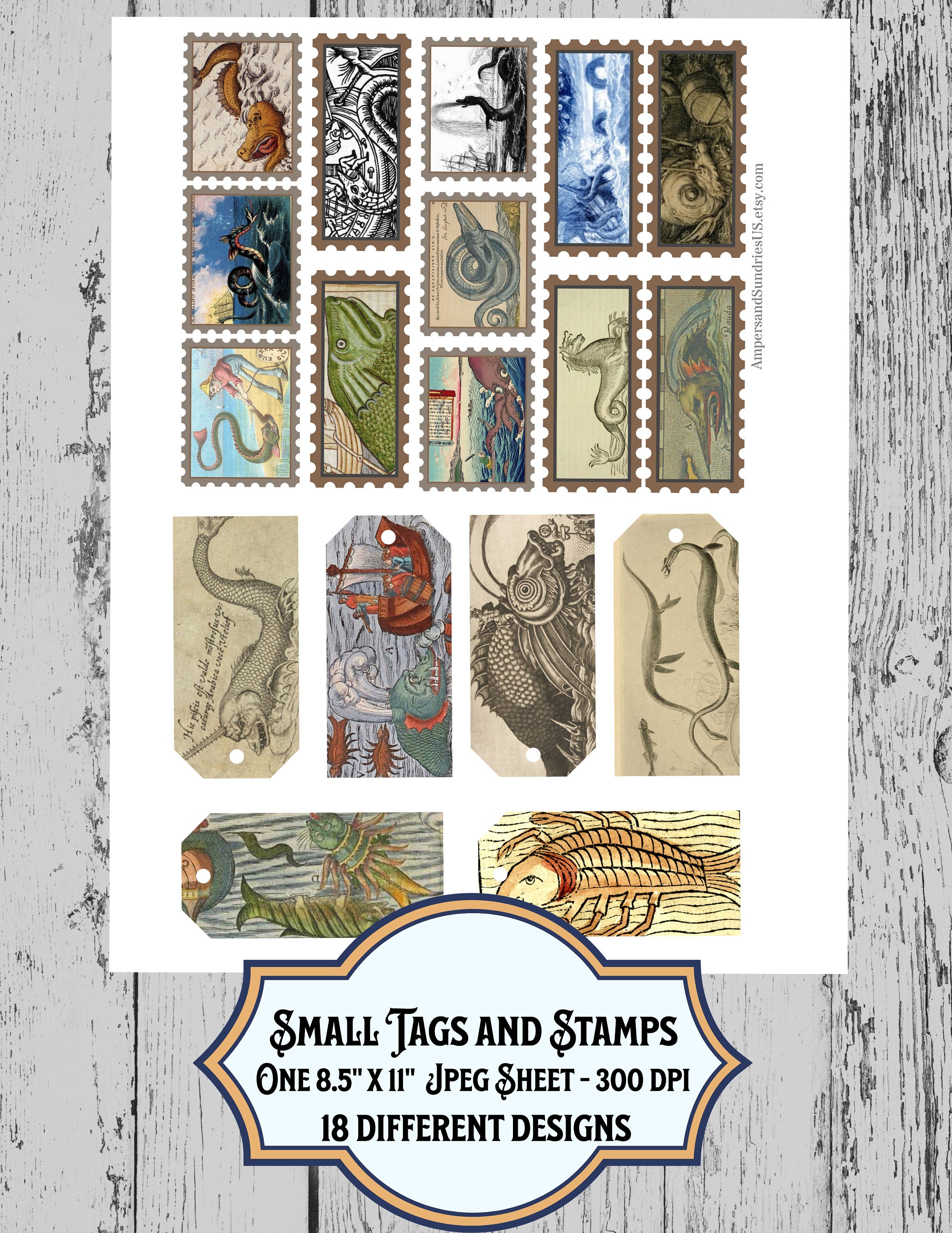 DIGITAL PRINTABLE Vintage Sea Monster Tags & Stamps | Cartography ...