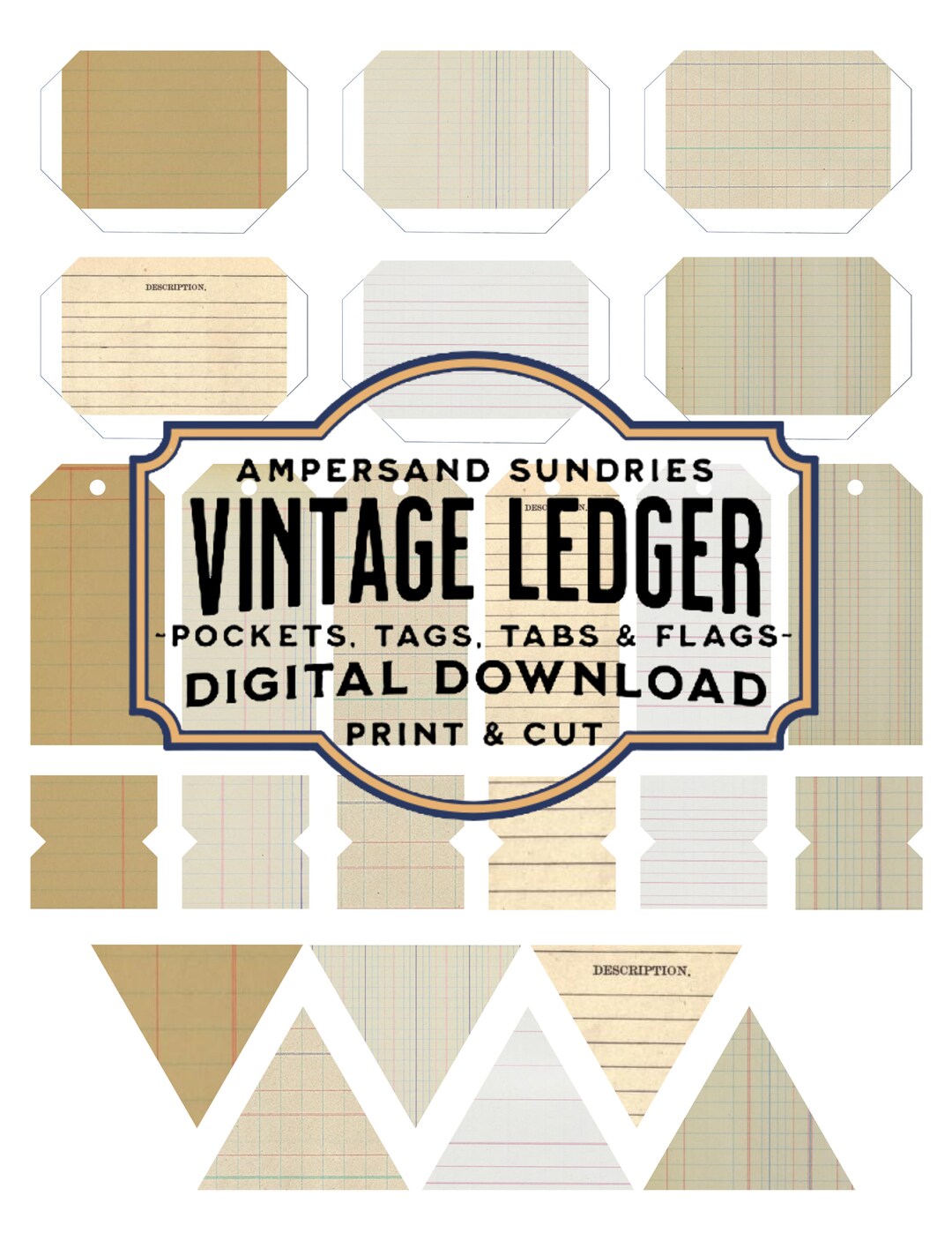 DIGITAL PRINTABLE | Vintage Ledger Pockets, Hang Tags, Page Tabs and ...