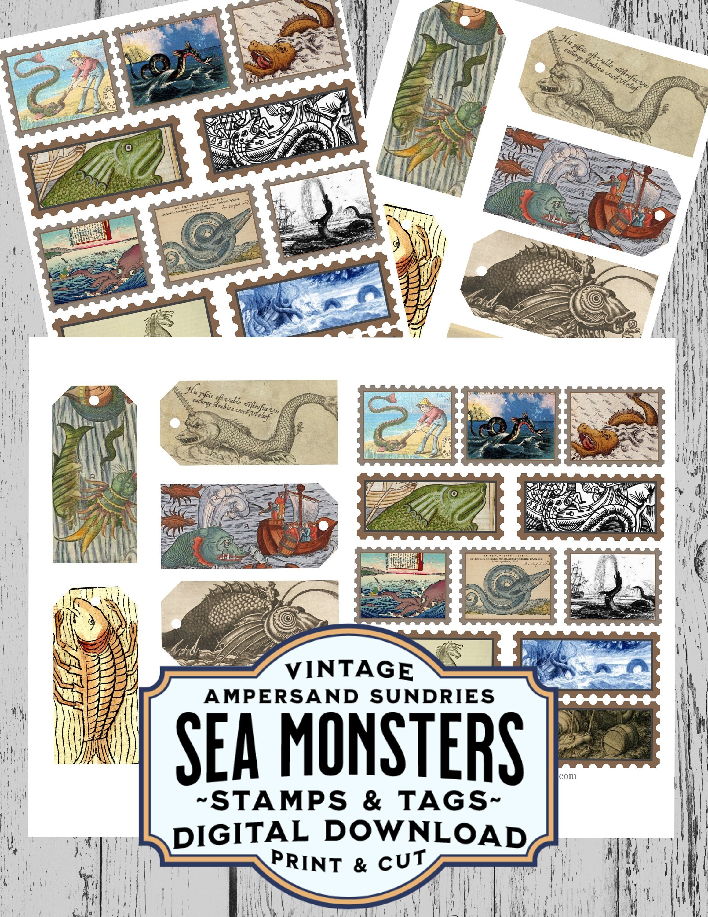 DIGITAL PRINTABLE Vintage Sea Monster Tags & Stamps | Cartography ...
