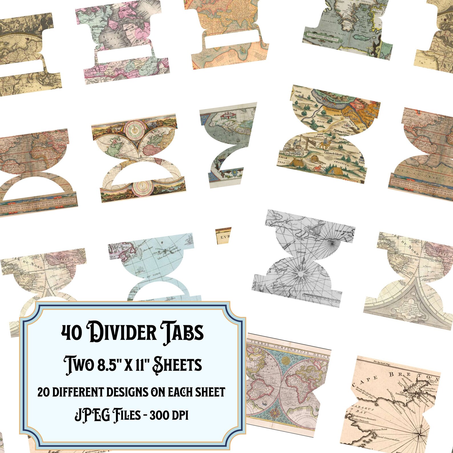 DIGITAL PRINTABLE Vintage Maps Divider Tabs | Cartography Ephemera Tabs ...