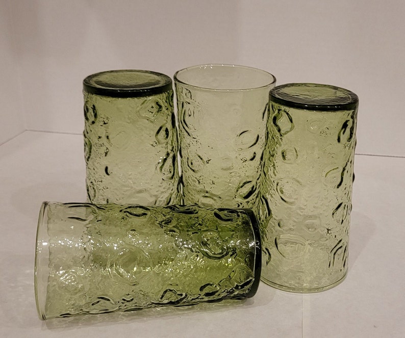 Vintage Avocado Olive Green Bubble Crater Crinkle Glass Tumblers Set of ...