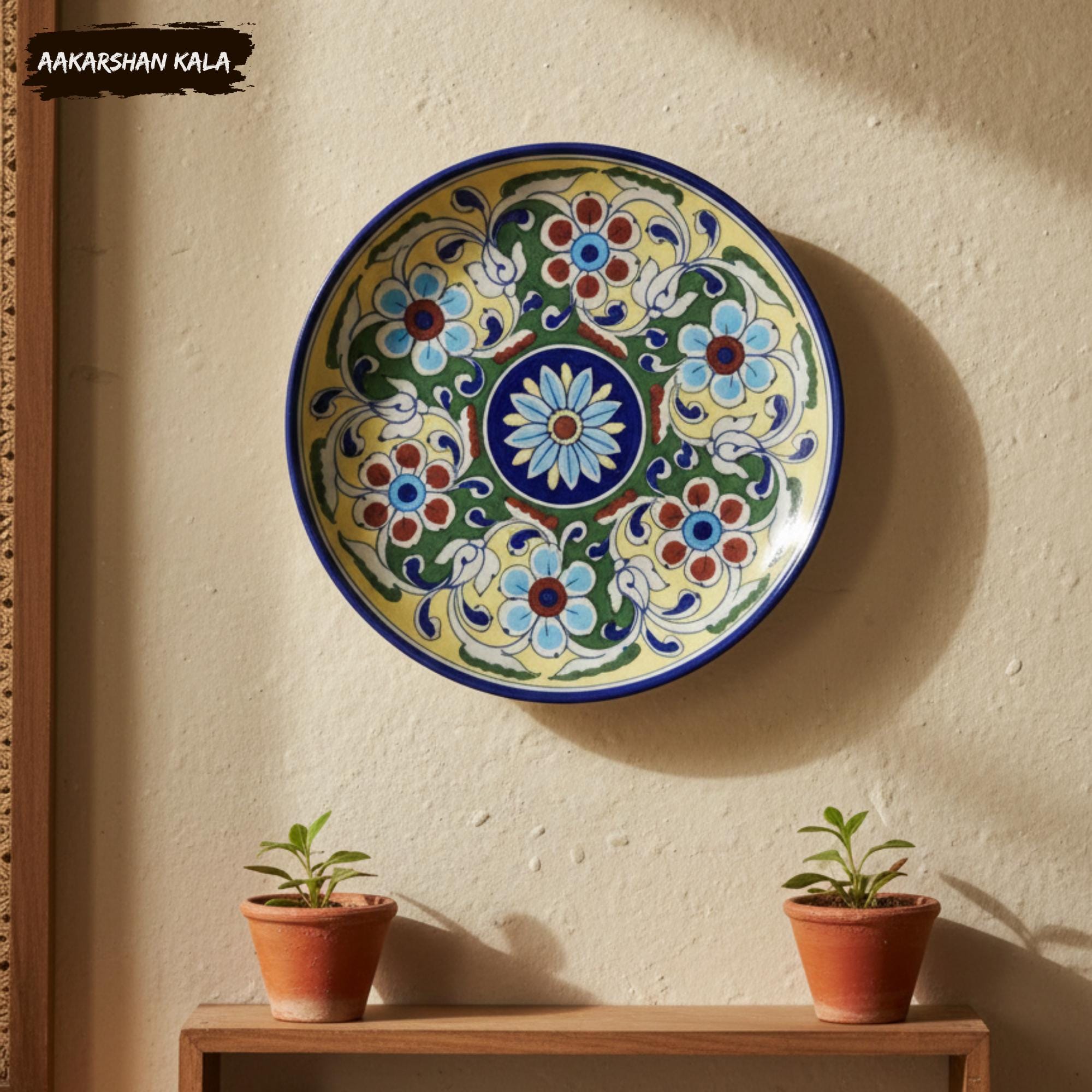 Handcrafted Jaipur Blue Pottery Wall Plate | Blue & Yellow Floral ...