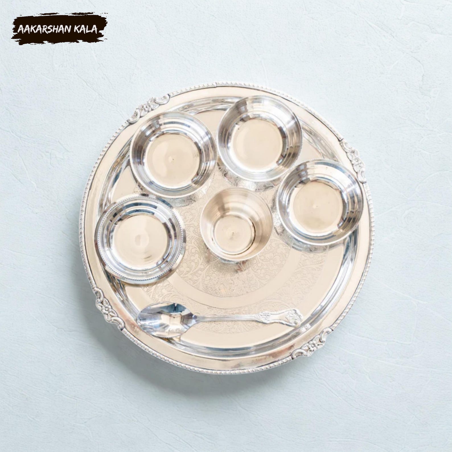 Pure Silver Plated 7 Piece Dinner Set | Handmade Indian Thali Set With ...