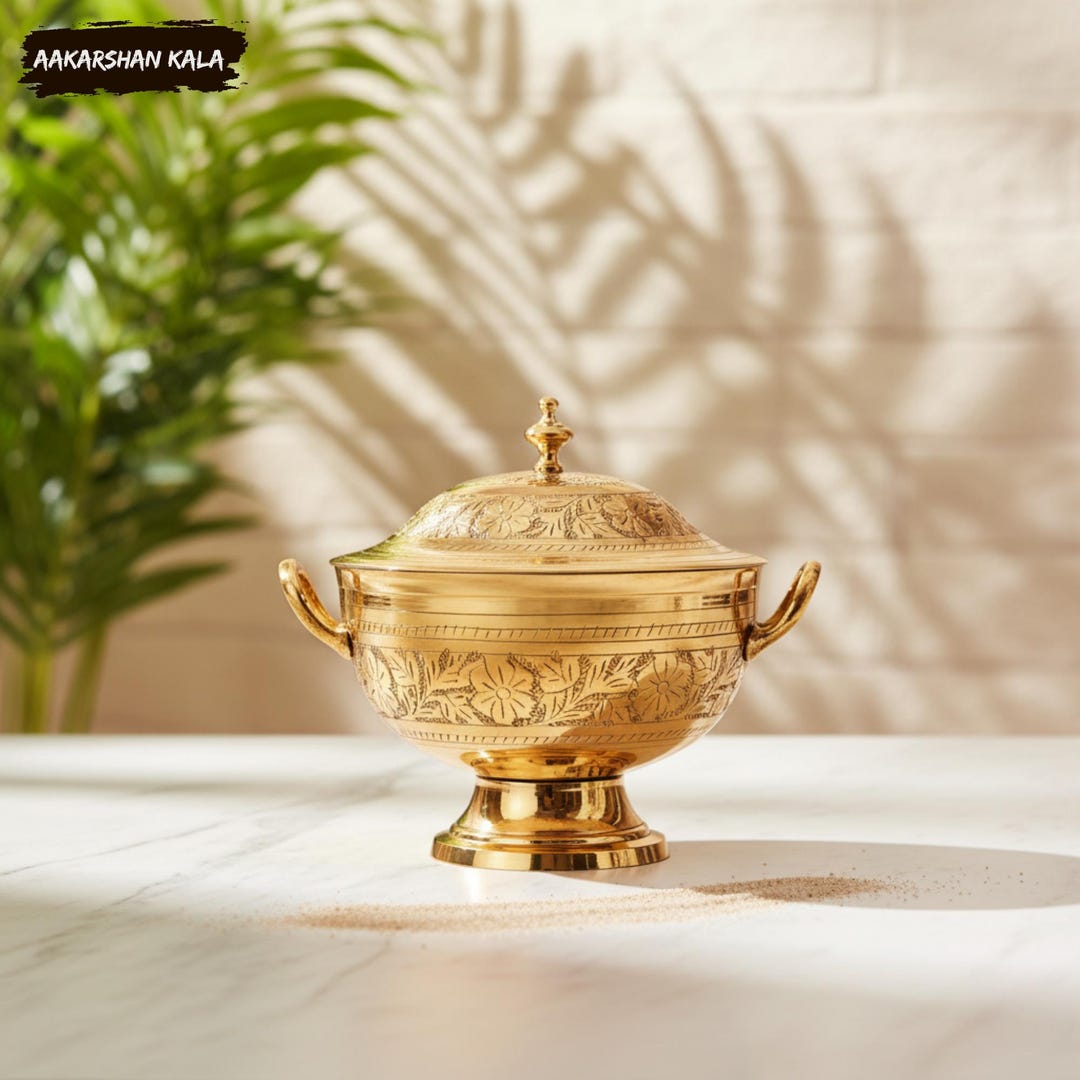 Brass Engraved Floral Design Donga With Lid & Handles | Mughlai Style ...
