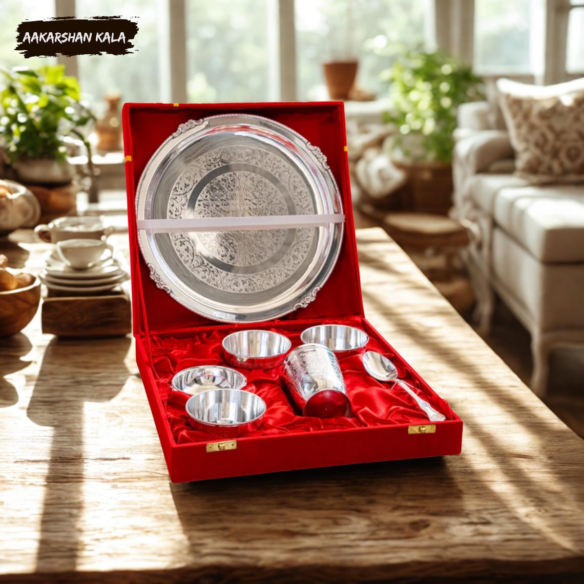 Pure Silver Plated 7 Piece Dinner Set | Handmade Indian Thali Set With ...