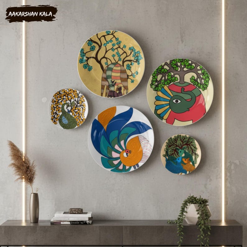 Indian Folk Art, Tree of Life, Peacock Design Ceramic Wall Plates ...