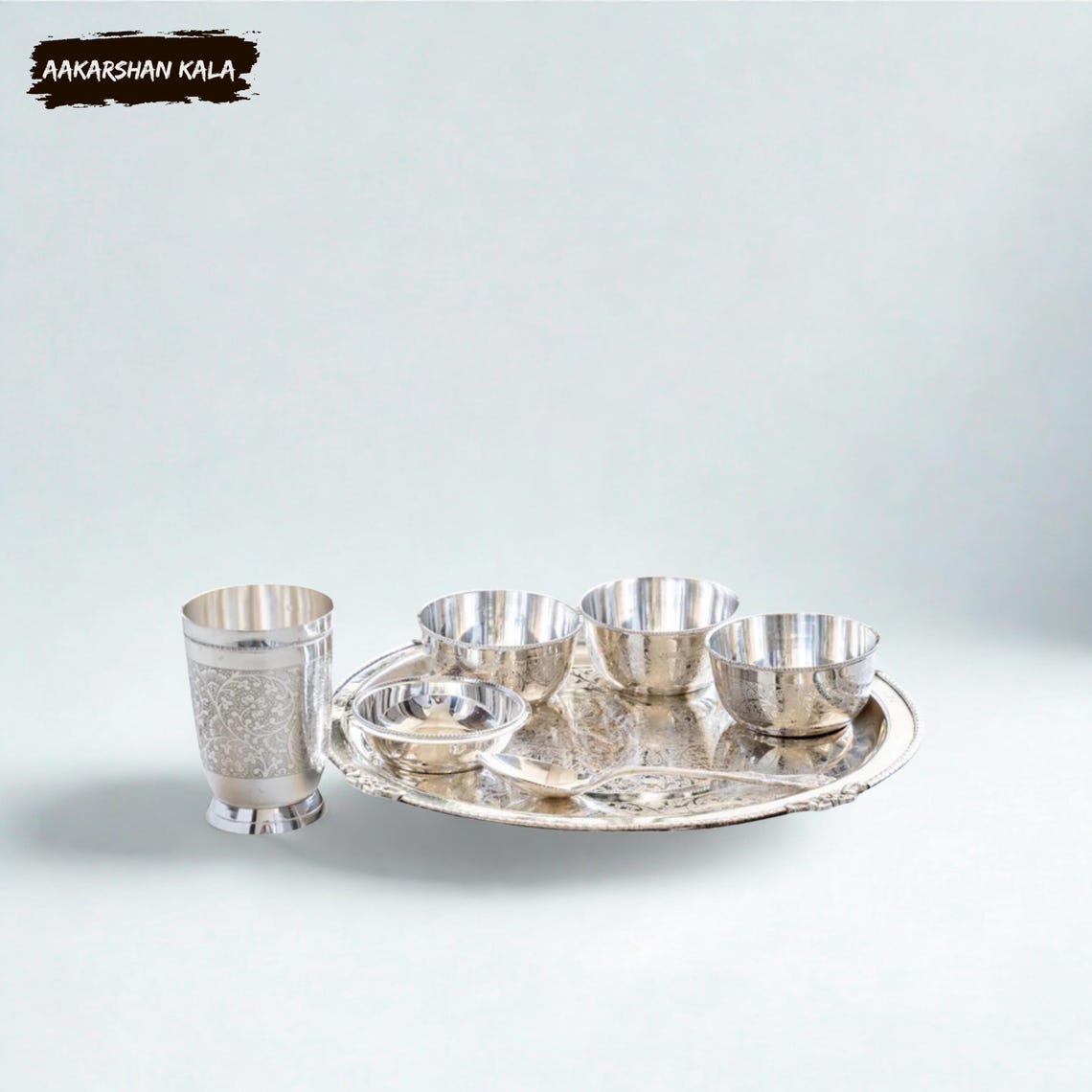 Pure Silver Plated 7 Piece Dinner Set | Handmade Indian Thali Set With ...