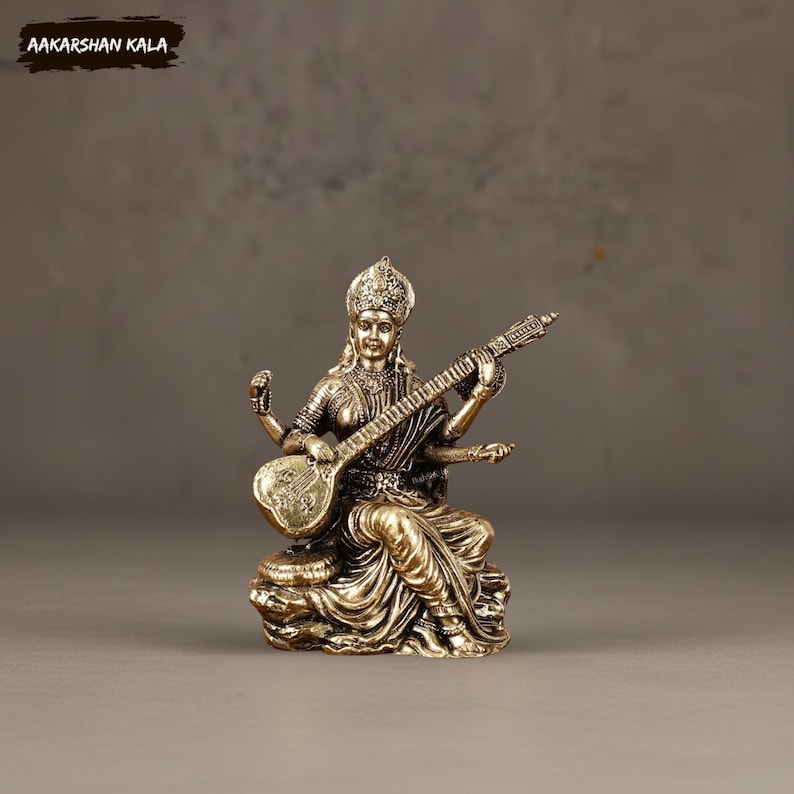 Brass Saraswati Statue | Small Maa Saraswati Idol for Study Desk ...