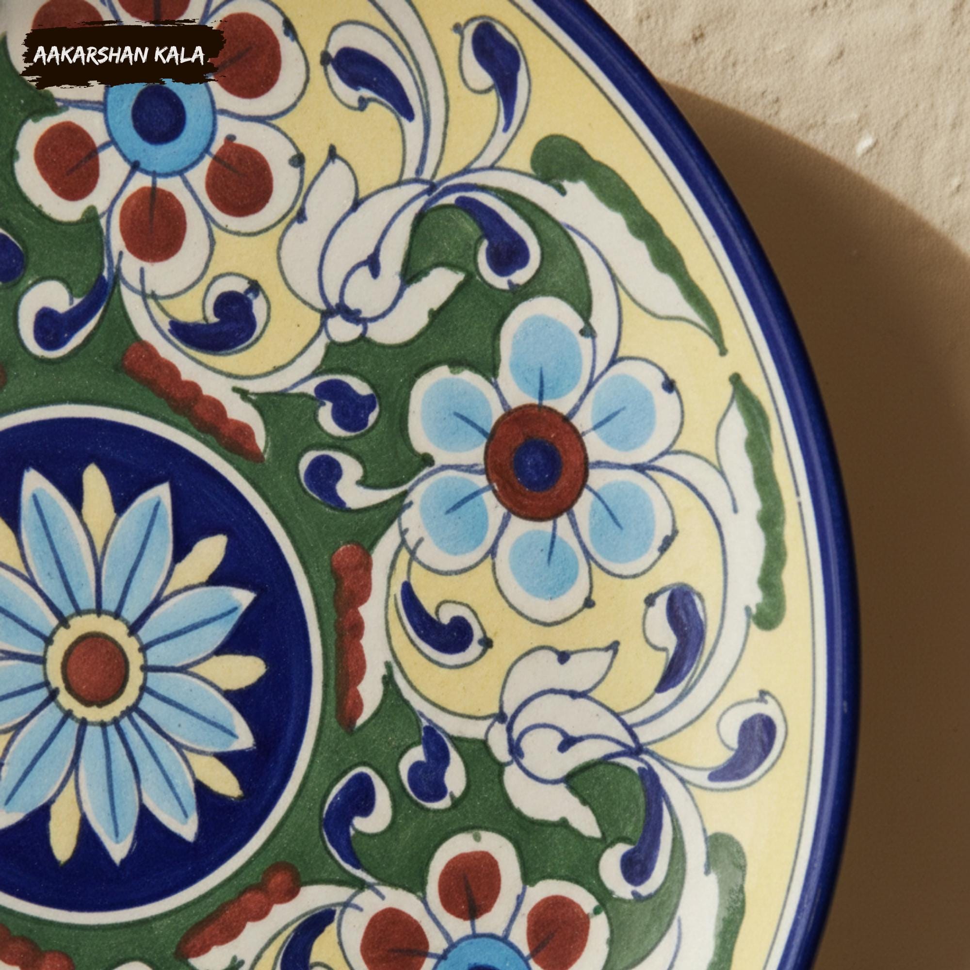 Handcrafted Jaipur Blue Pottery Wall Plate | Blue & Yellow Floral ...