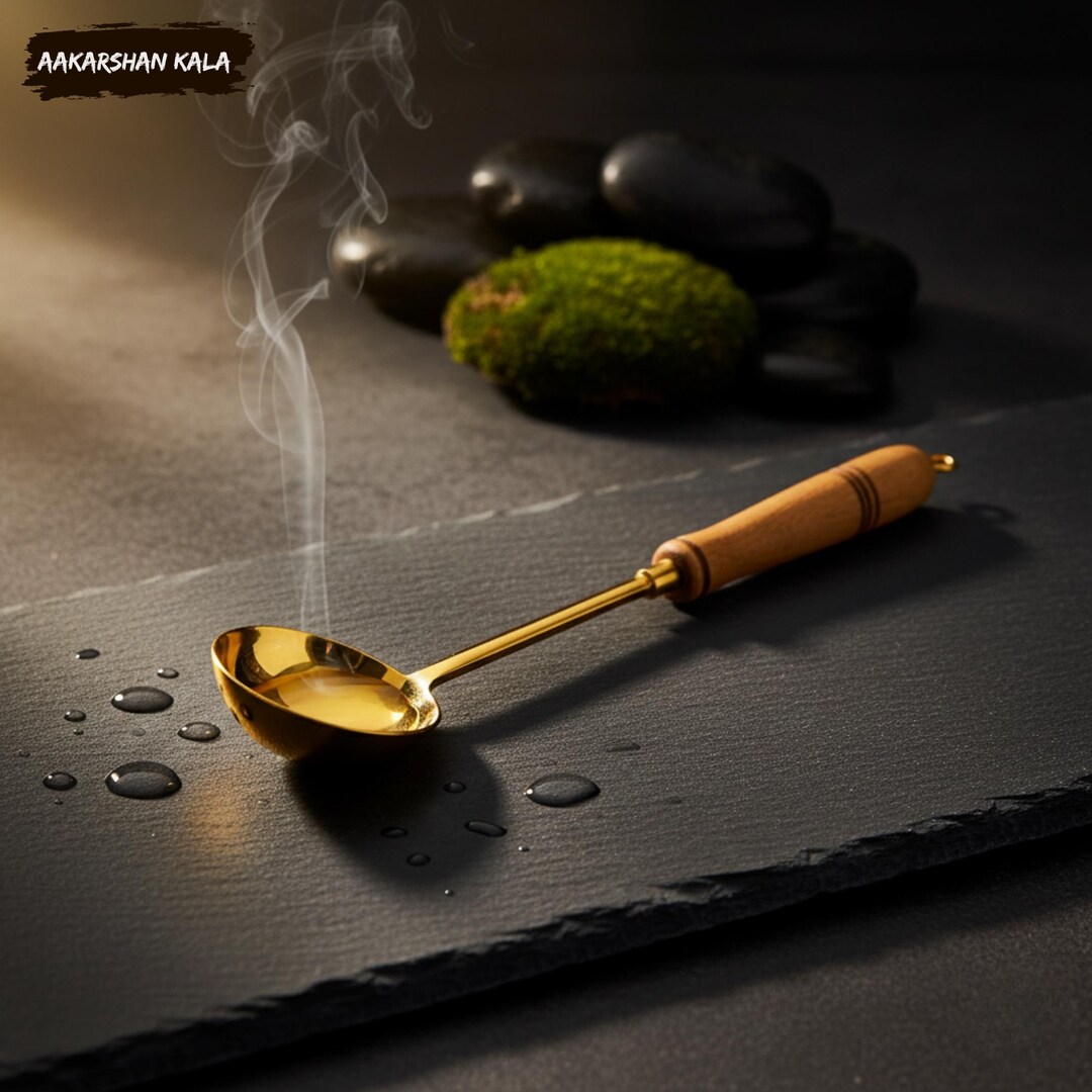 Pure Brass Gold Ladle With Wooden Handle | Handmade Serving Spoon ...