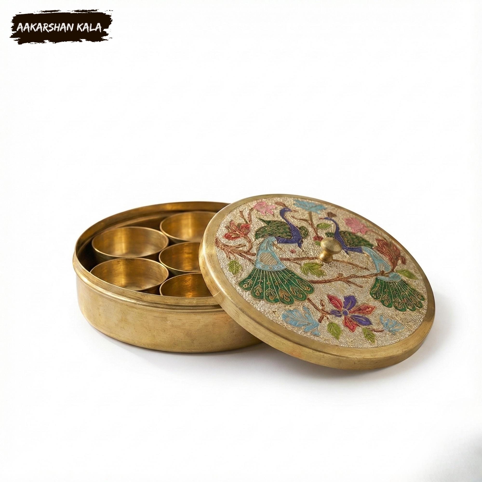 Hand-painted Peacock Design Brass Masala Box | Indian Spice Box for ...