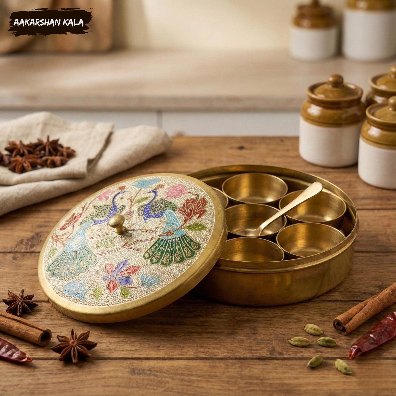 Hand-painted Peacock Design Brass Masala Box | Indian Spice Box for ...