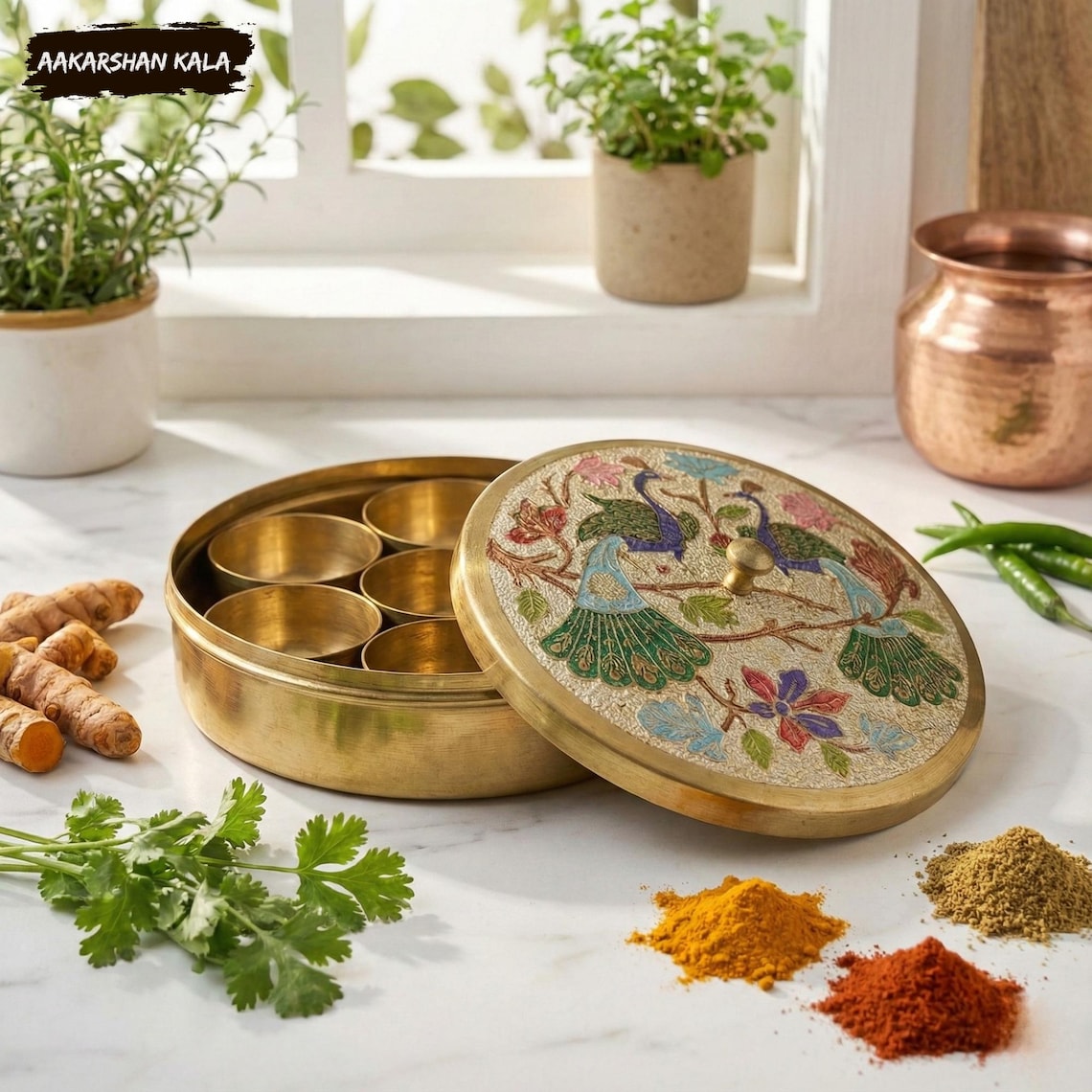 Hand-painted Peacock Design Brass Masala Box | Indian Spice Box for ...
