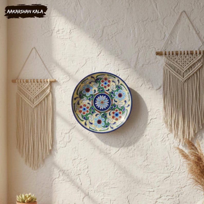 Handcrafted Jaipur Blue Pottery Wall Plate | Blue & Yellow Floral ...