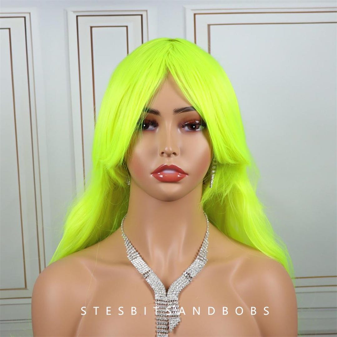 Neon Yellow Long Wavy Wig With Bangs Female Long Hair Full Head Set ...
