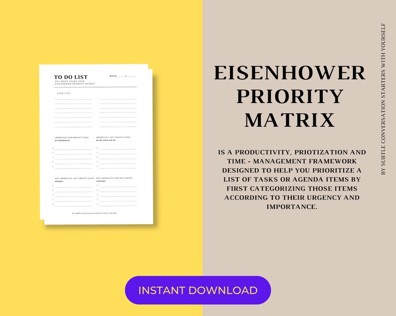 TO DO Check List Printable / Eisenhower Priority Matrix / Productive ...