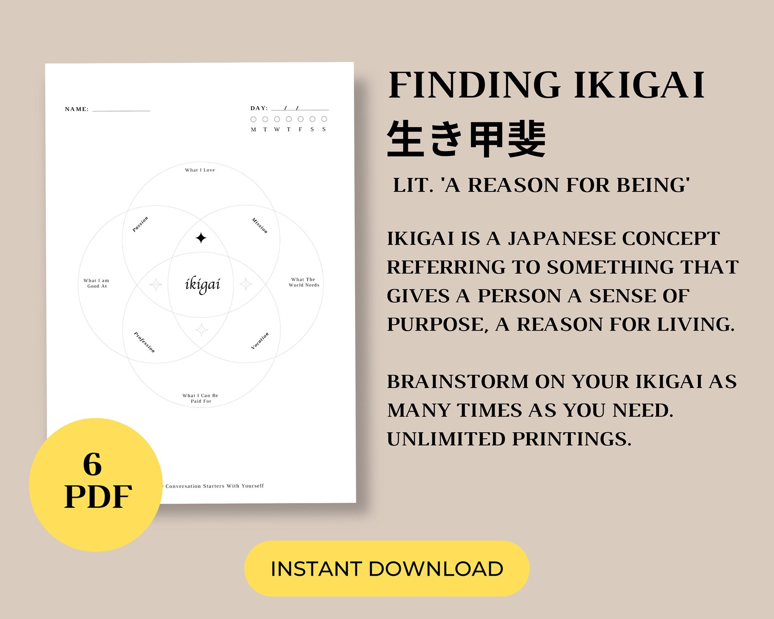 Ikigai Life Purpose Worksheet – Mindful Self Discovery Practice ...
