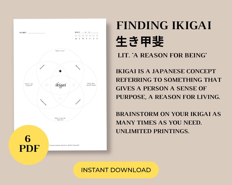 Ikigai Life Purpose Worksheet – Mindful Self Discovery Practice ...