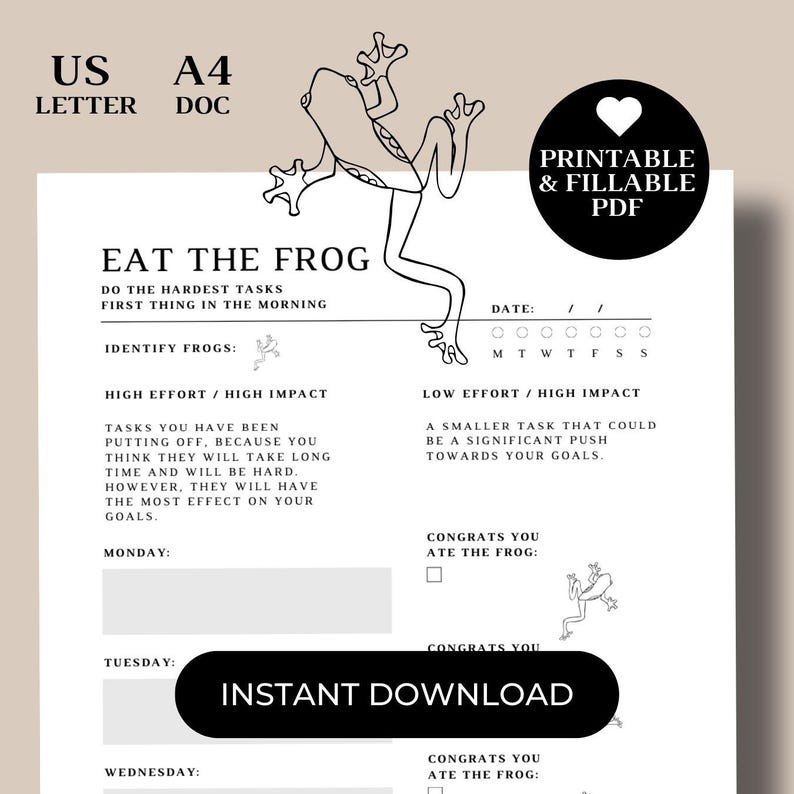 Eat the Frog Planner – Printable & Fillable One Page PDF for Task Focus ...