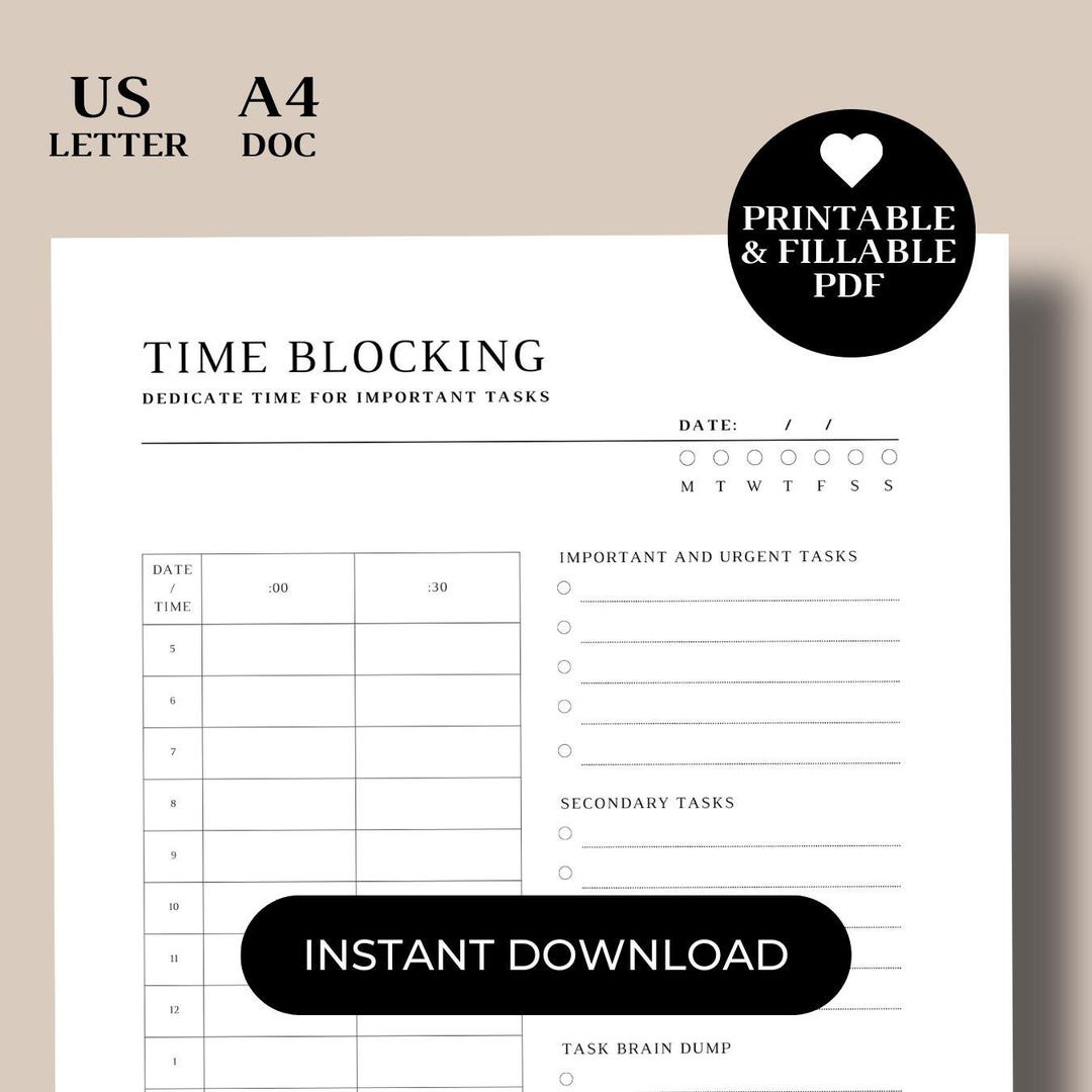 Time Blocking Planner – Printable & Fillable One Page PDF for Daily ...