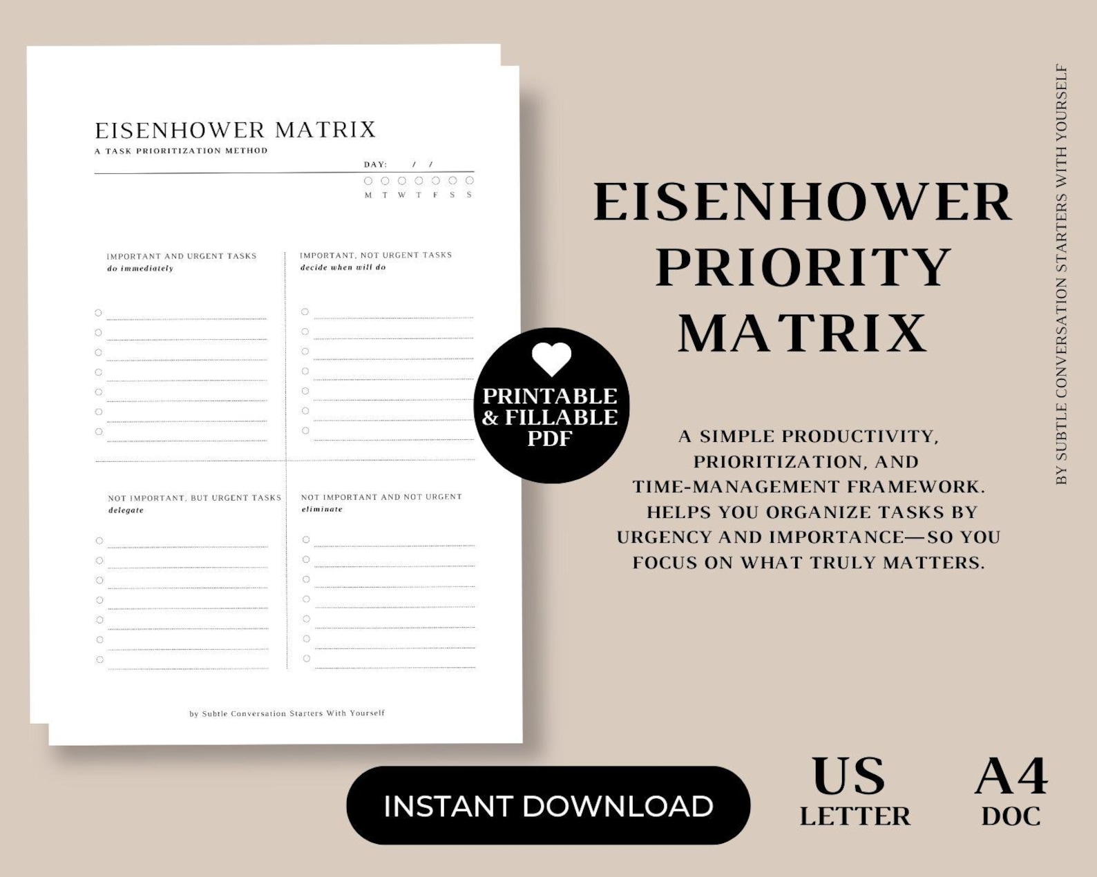 Eisenhower Matrix Planner – One Page Printable & Fillable PDF - Etsy