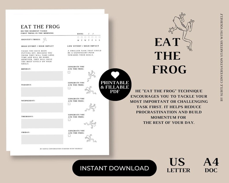 Eat the Frog Planner – Printable & Fillable One Page PDF for Task Focus ...