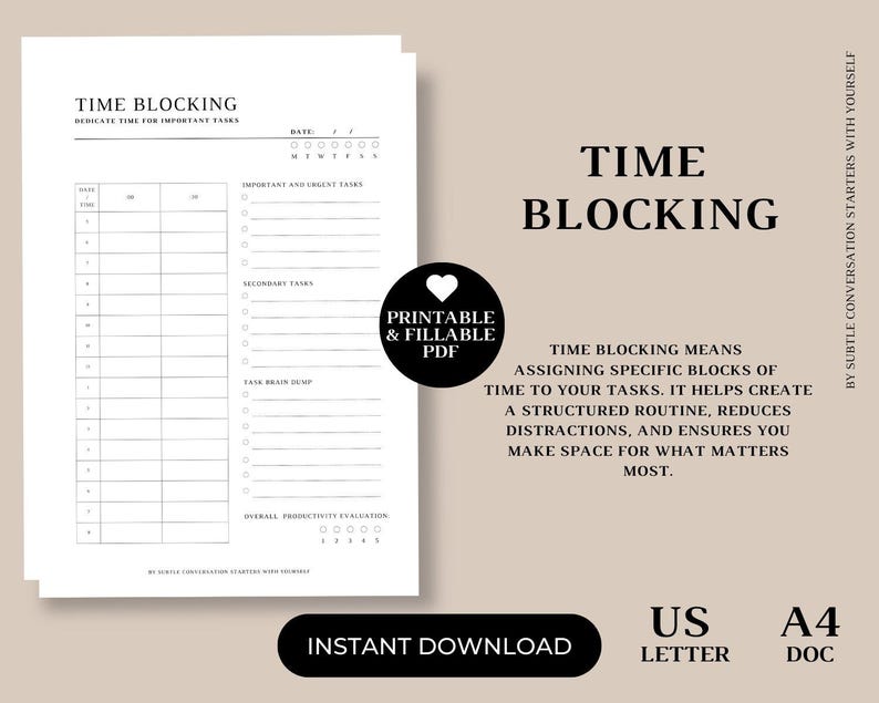 Time Blocking Planner – Printable & Fillable One Page PDF for Daily ...