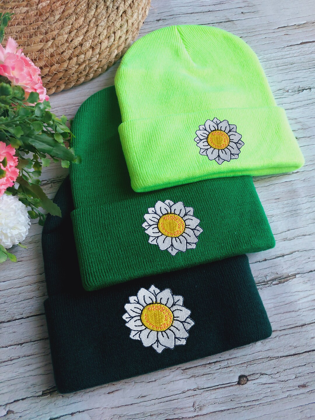 Embroidered Daisy Beanie: Custom Winter Hat - Etsy