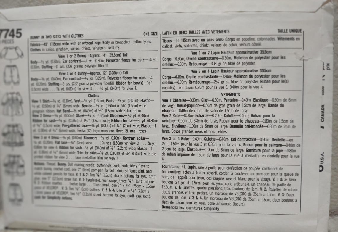 Uncut, Sewing Pattern Simplicity 7745, Bunny, Rabbit, Doll Clothes ...