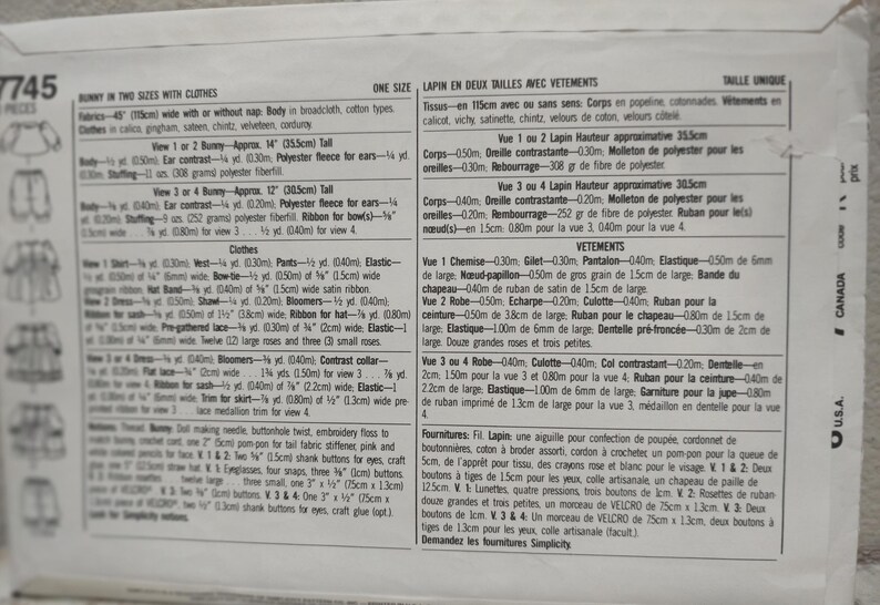 Uncut, Sewing Pattern Simplicity 7745, Bunny, Rabbit, Doll Clothes ...