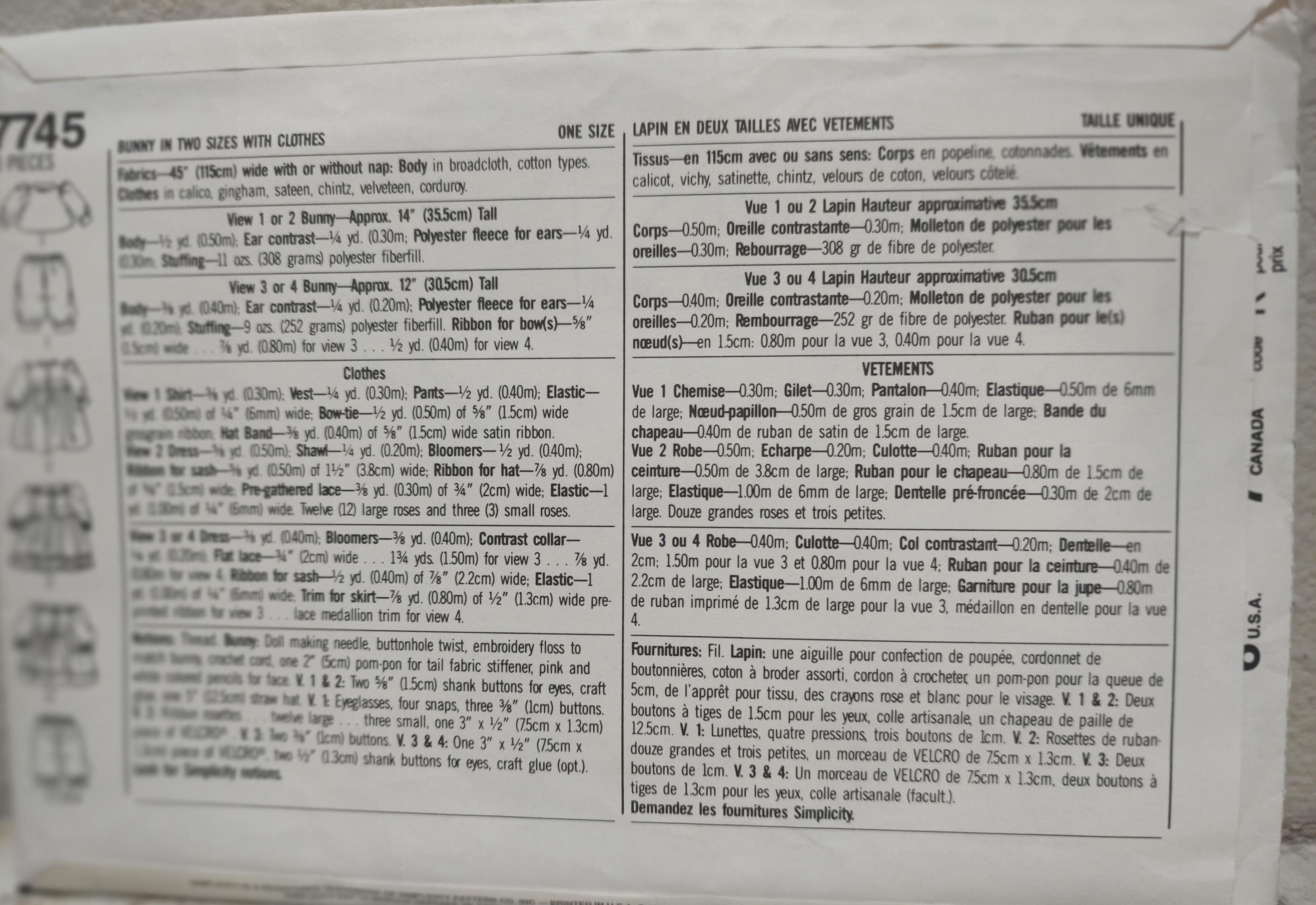 Uncut, Sewing Pattern Simplicity 7745, Bunny, Rabbit, Doll Clothes ...